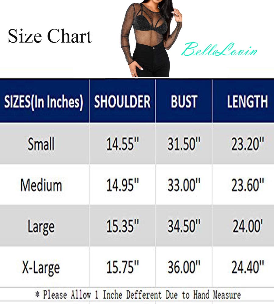 BelleLovin Women's Sheer Mesh Tops Long Sleeve Glitter Sexy Tops See Through Blouses (Neon Green, Small)