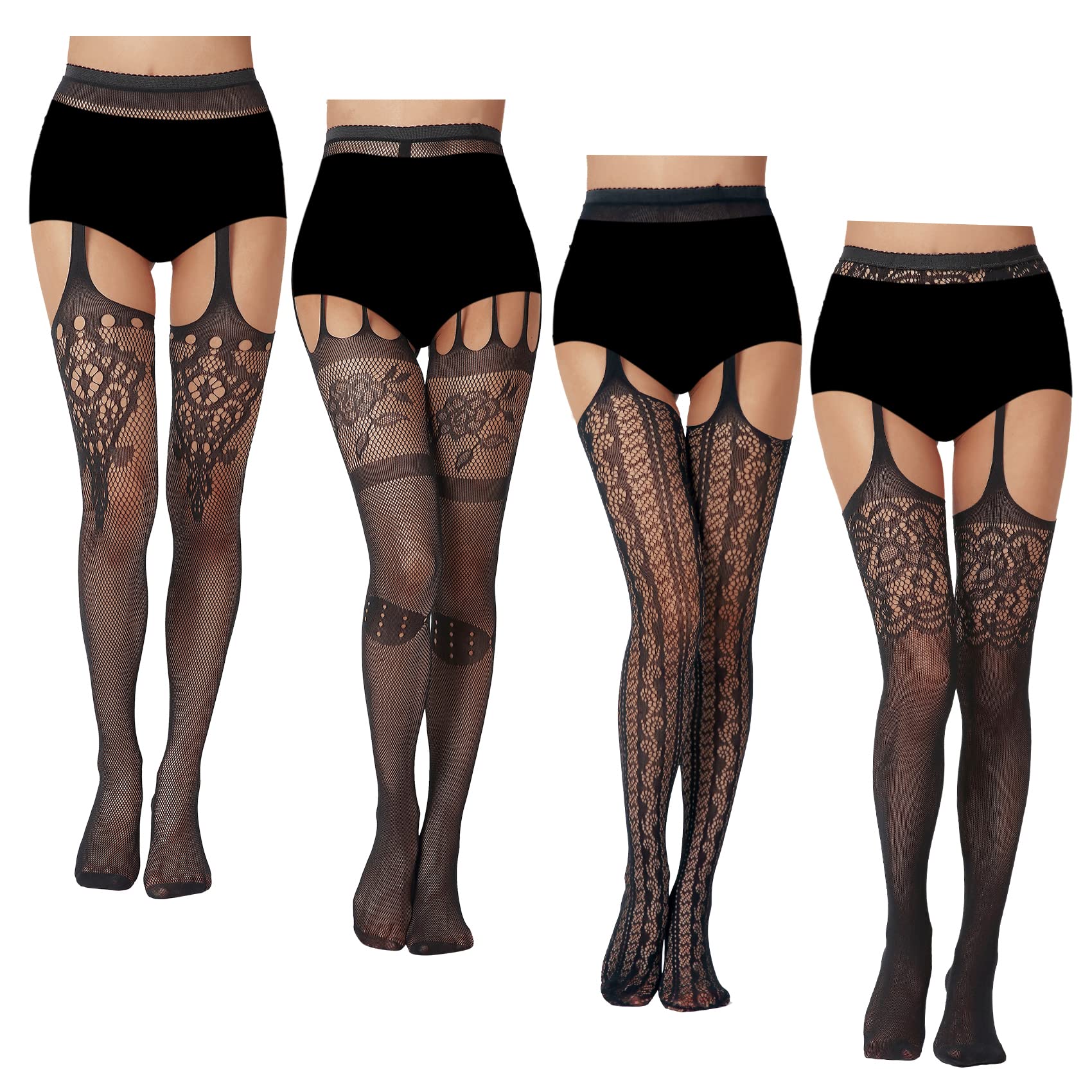 Chalier 4 Pairs Fishnet Stockings Tights Suspender Sexy Pantyhose Lace thigh high stockings for Women (Dull Black)