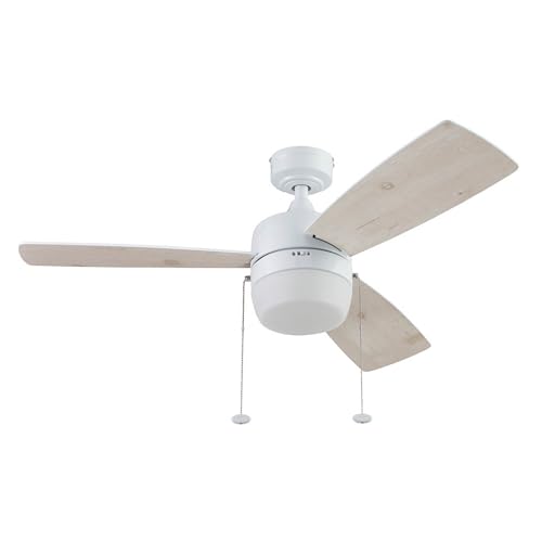Honeywell Ceiling Fans Barcadero Modern 44 Inch Ceiling Fan with Light, Pull Chain LED Indoor Fan with 3 Blades, White Maple and White Blade Finish Options, Bright White (51475-01)