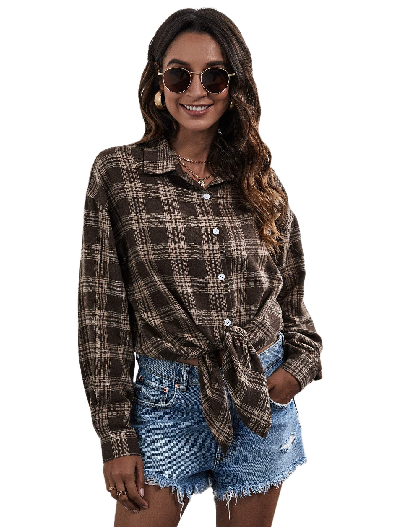 SweatyRocks Women's Long Sleeve Collar Long Button Down Plaid Shirt Blouse Tops Plaid Brown M
