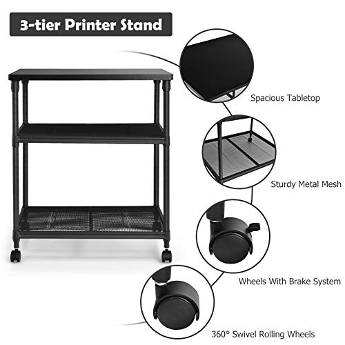 Tangkula 3-Tier Printer Stand Printer Cart, Multifunctional Utility Cart w/ Ample Storage Space, 360° Swivel Rolling & Lockable Wheels, Sturdy Iron Frame, Adjustable Heights, Organizer for Office
