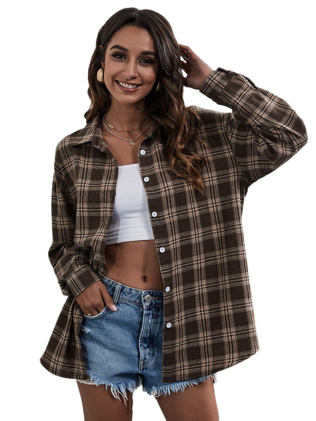 SweatyRocks Women's Long Sleeve Collar Long Button Down Plaid Shirt Blouse Tops Plaid Brown M