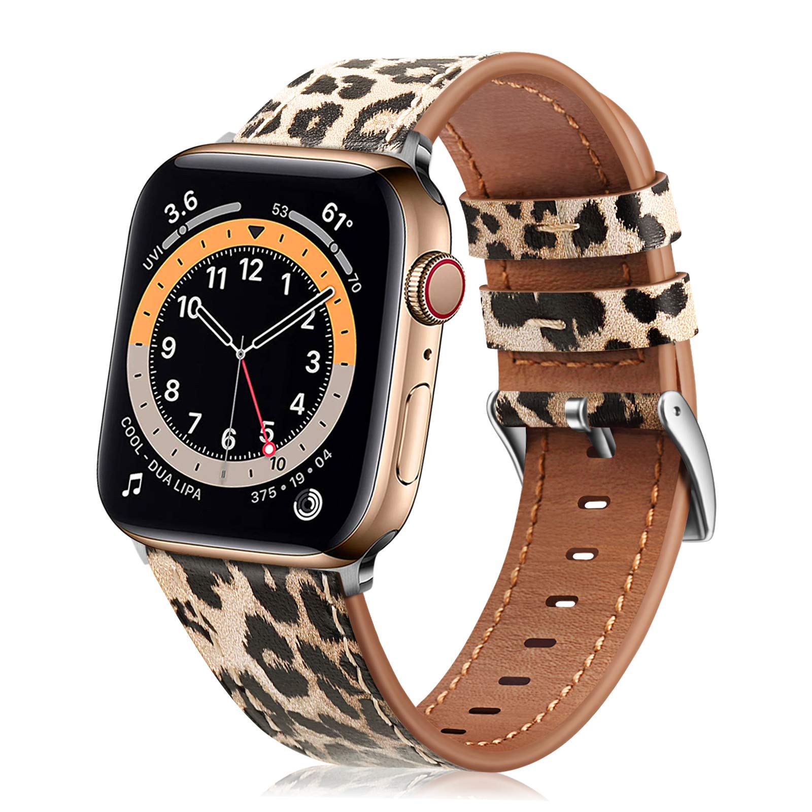 Fintie Bands Compatible with Apple Watch 49mm 46mm 45mm 44mm 42mm(Series 3 2 1) iWatch Ultra, SE Series 1-10, Genuine Leather Band Replacement Accessories Strap Wristband, Classic Leopard