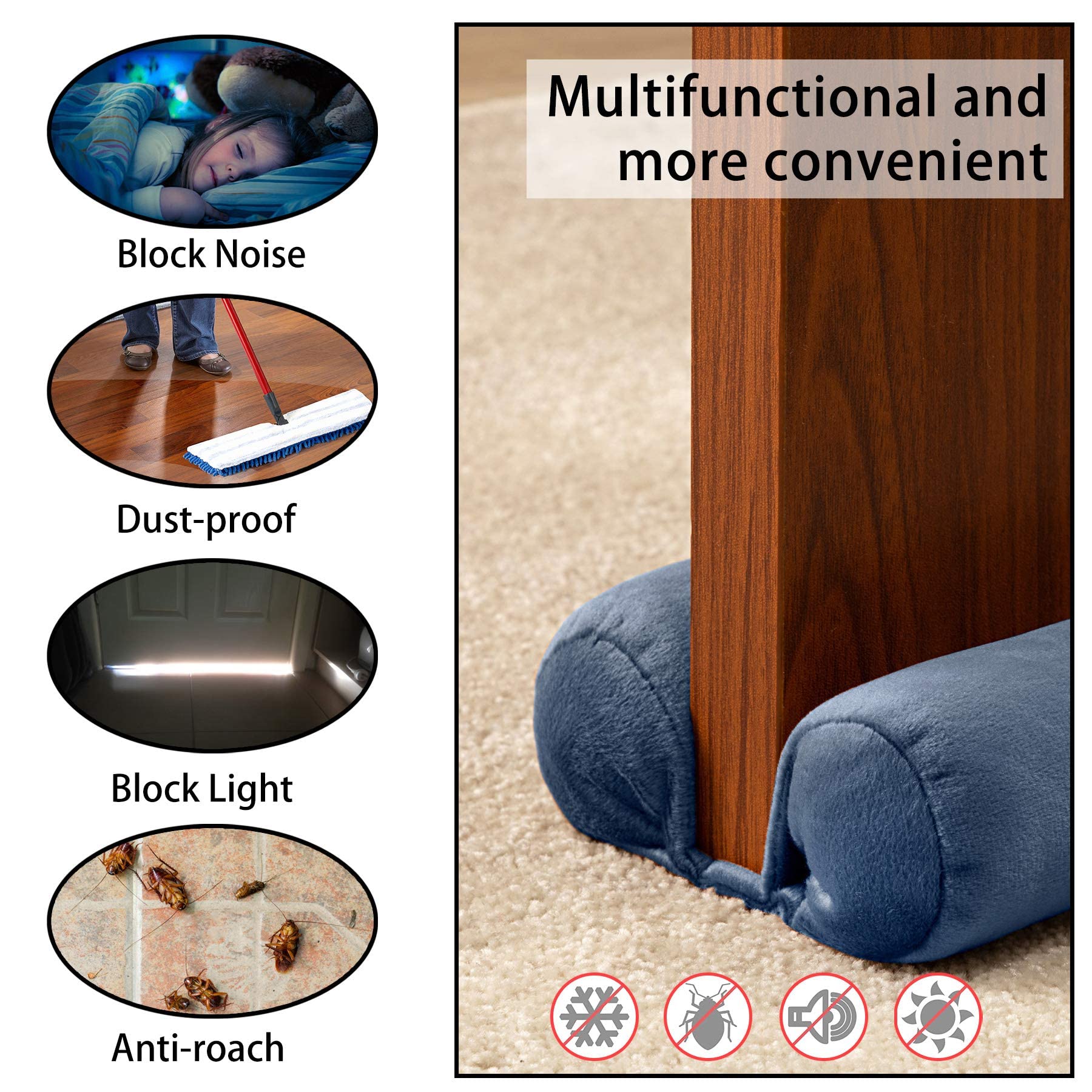 TumiMallody Door Draft Stopper Double Sided Weather Stripping Noise Breeze Draft Blocker Door Sweeps Washable Under Door Seal Strip Adjustable Velvet Draft Guard Multi Color Available (36 inch, Blue)