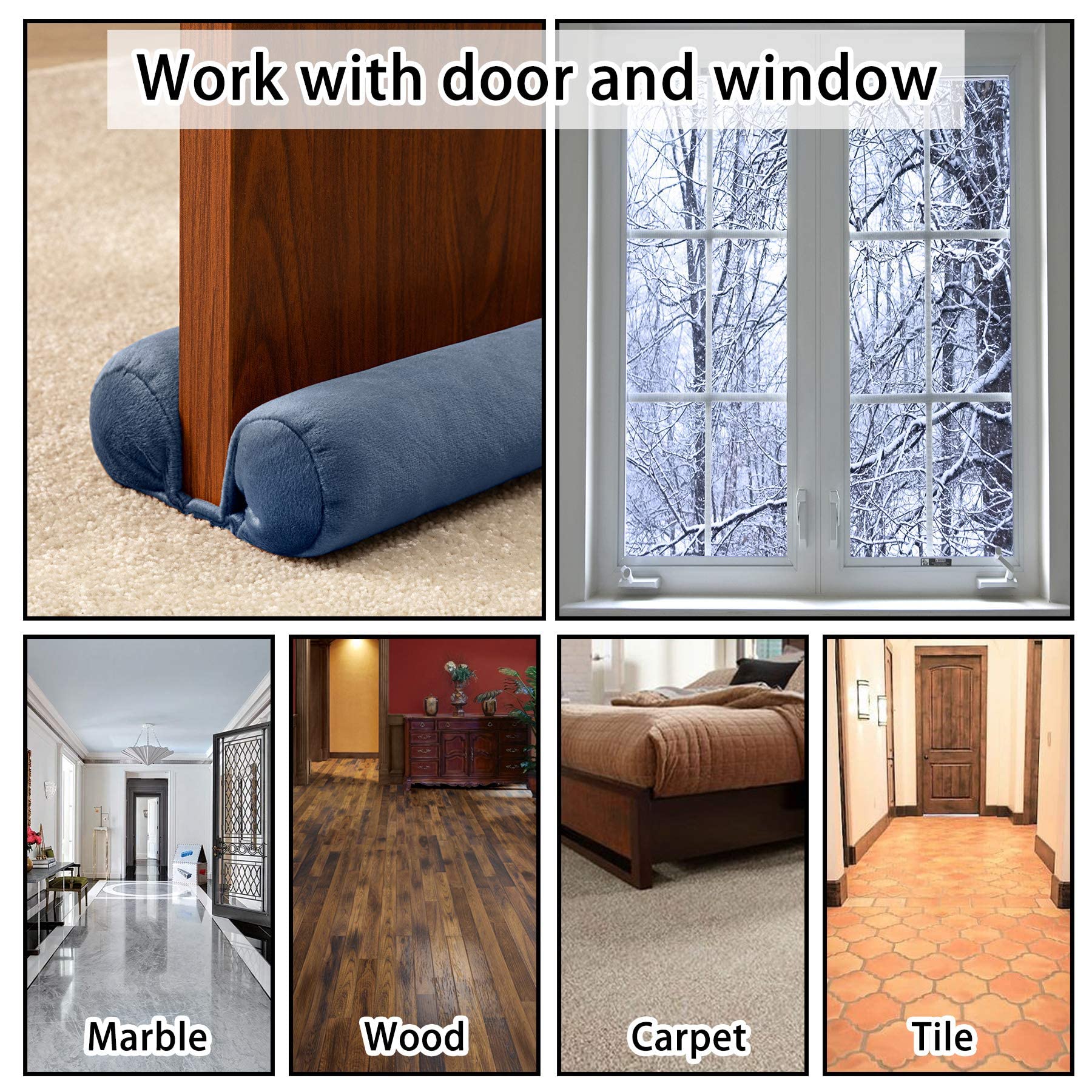 TumiMallody Door Draft Stopper Double Sided Weather Stripping Noise Breeze Draft Blocker Door Sweeps Washable Under Door Seal Strip Adjustable Velvet Draft Guard Multi Color Available (36 inch, Blue)