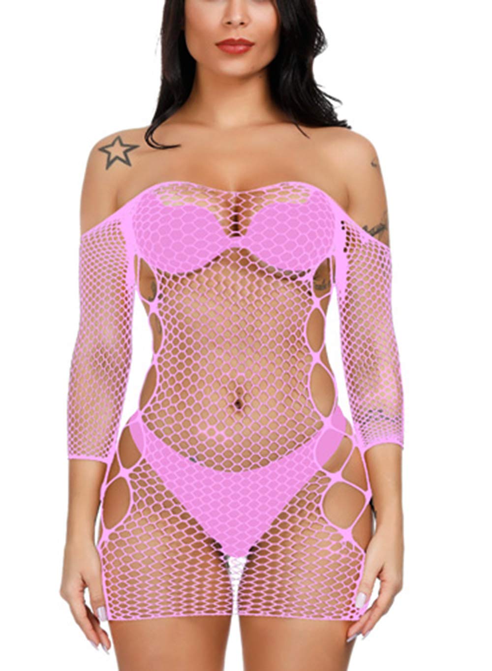 Vorifun Women Fishnet Lingerie Sleepwear One Piece Babydoll V-Neck Mini Dress One Size Pink