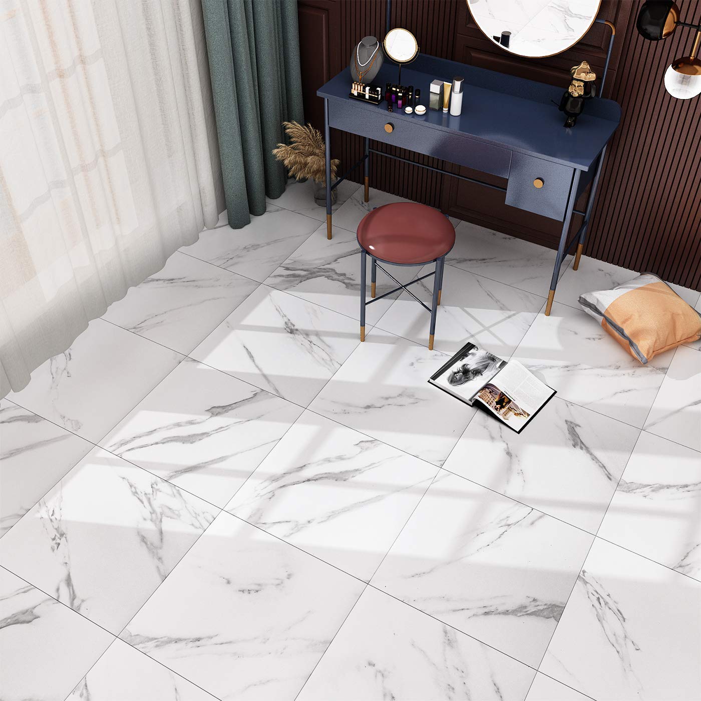 Livelynine White Peel and Stick Floor Tile Marble 12X12 Inch Waterproof Vinyl Floor Tile Stickers Peel and Stick Vinyl Flooring Sheet Kitchen Flooring Bedroom Bathroom Laminate Flooring Tiles,4 Pack