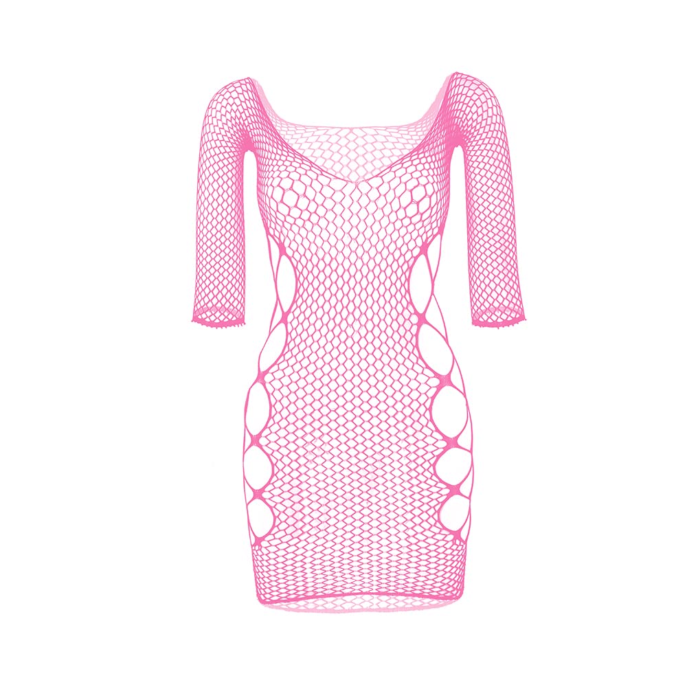 Vorifun Women Fishnet Lingerie Sleepwear One Piece Babydoll V-Neck Mini Dress One Size Pink