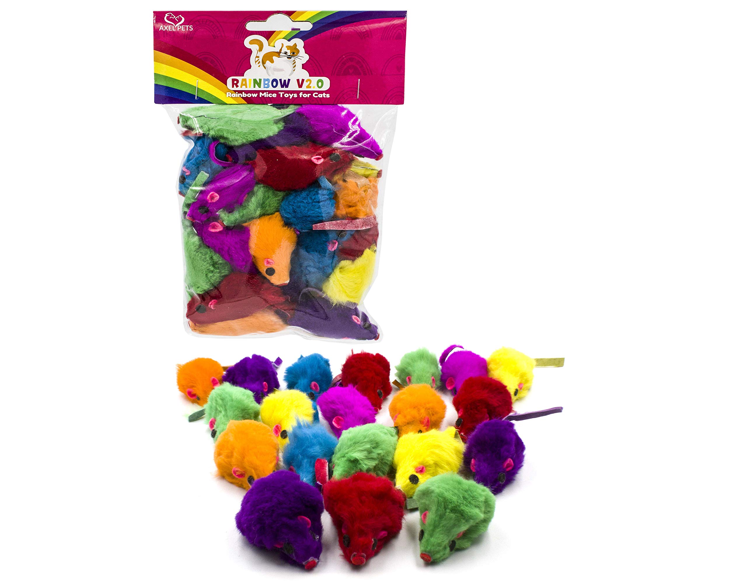 AXEL PETS 20 Colorful Rainbow V2.0 Mice with Catnip and Rattle Sound Made of Real Rabbit Fur Interactive Catch Play Mouse Toy for Feline Cat, Pack of 20 Mice