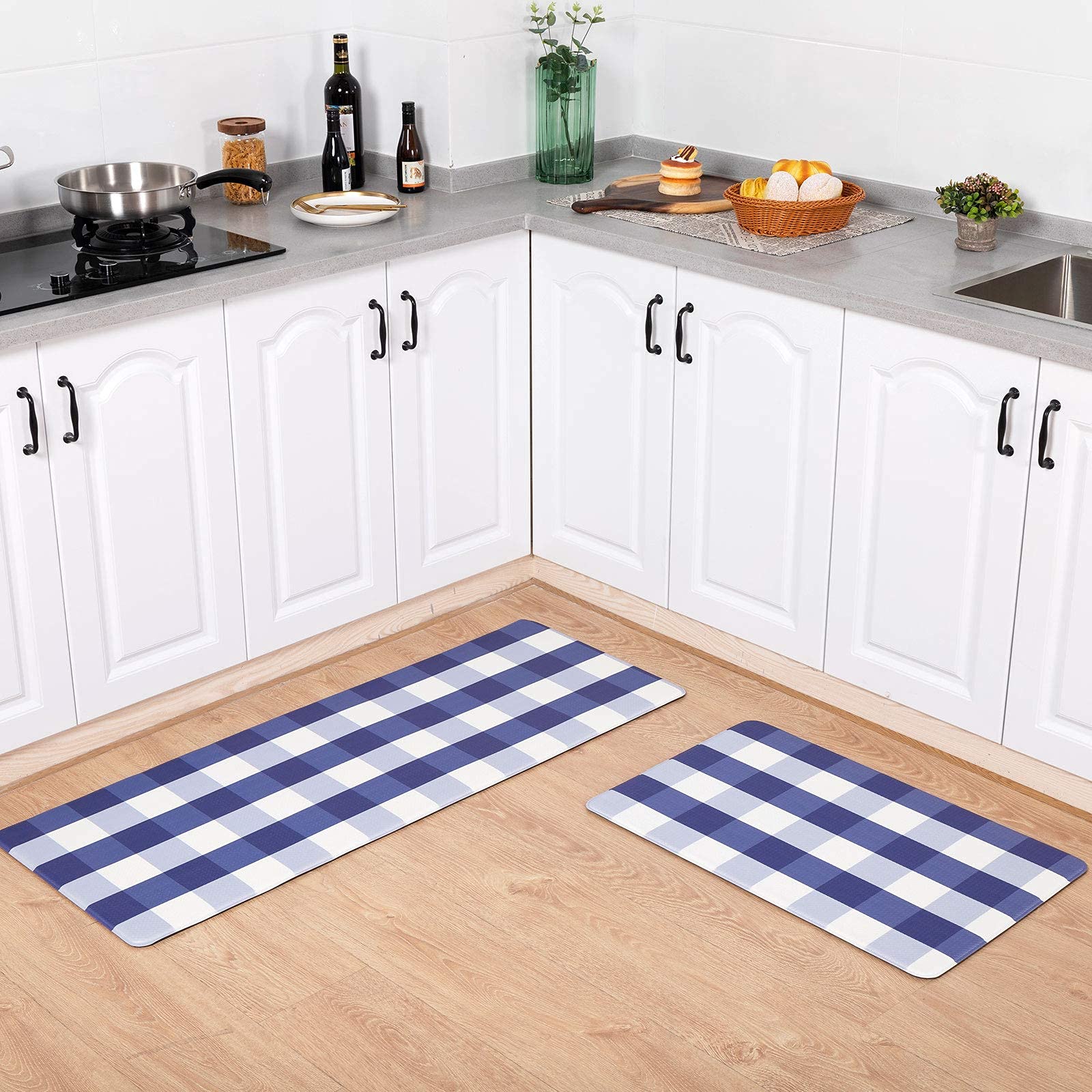 Carvapet Buffalo Plaid Kitchen Mat 2 PCS Cushioned Anti-Fatigue Kitchen Rug Waterproof Non-Slip PVC Ergonomic Comfort Standing Foam Mats for Office Laundry, Blue&White, 17.3''x27.5''+17.3''x47.2''