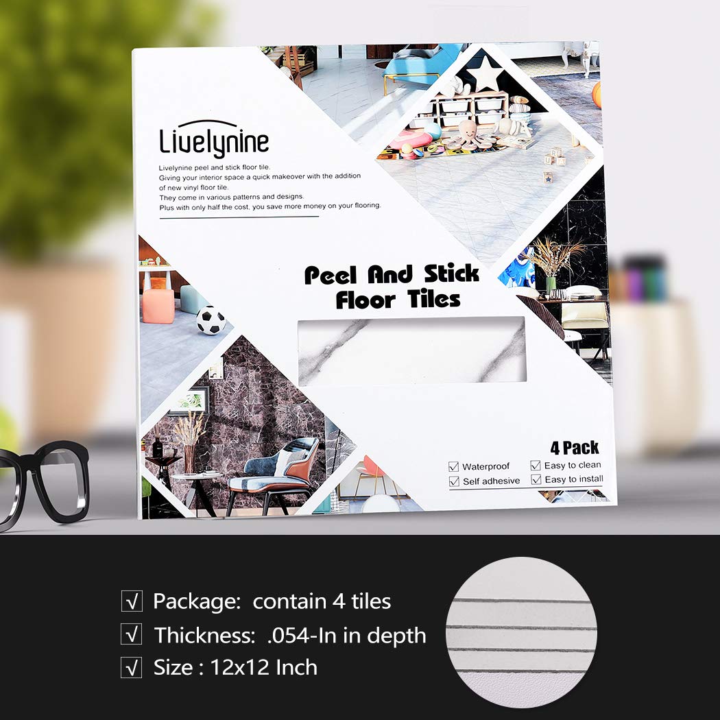 Livelynine White Peel and Stick Floor Tile Marble 12X12 Inch Waterproof Vinyl Floor Tile Stickers Peel and Stick Vinyl Flooring Sheet Kitchen Flooring Bedroom Bathroom Laminate Flooring Tiles,4 Pack
