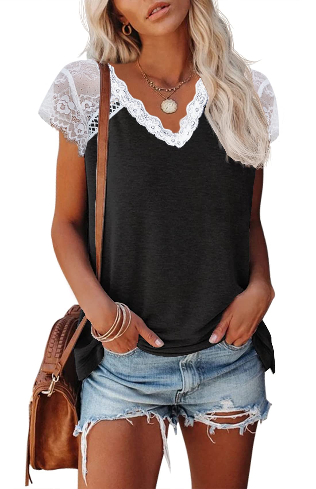 KINLONSAIR Women's Crochet Lace Basic V-Neck T-Shirts Short Sleeve Loose Fitting Tunic Tank Tops