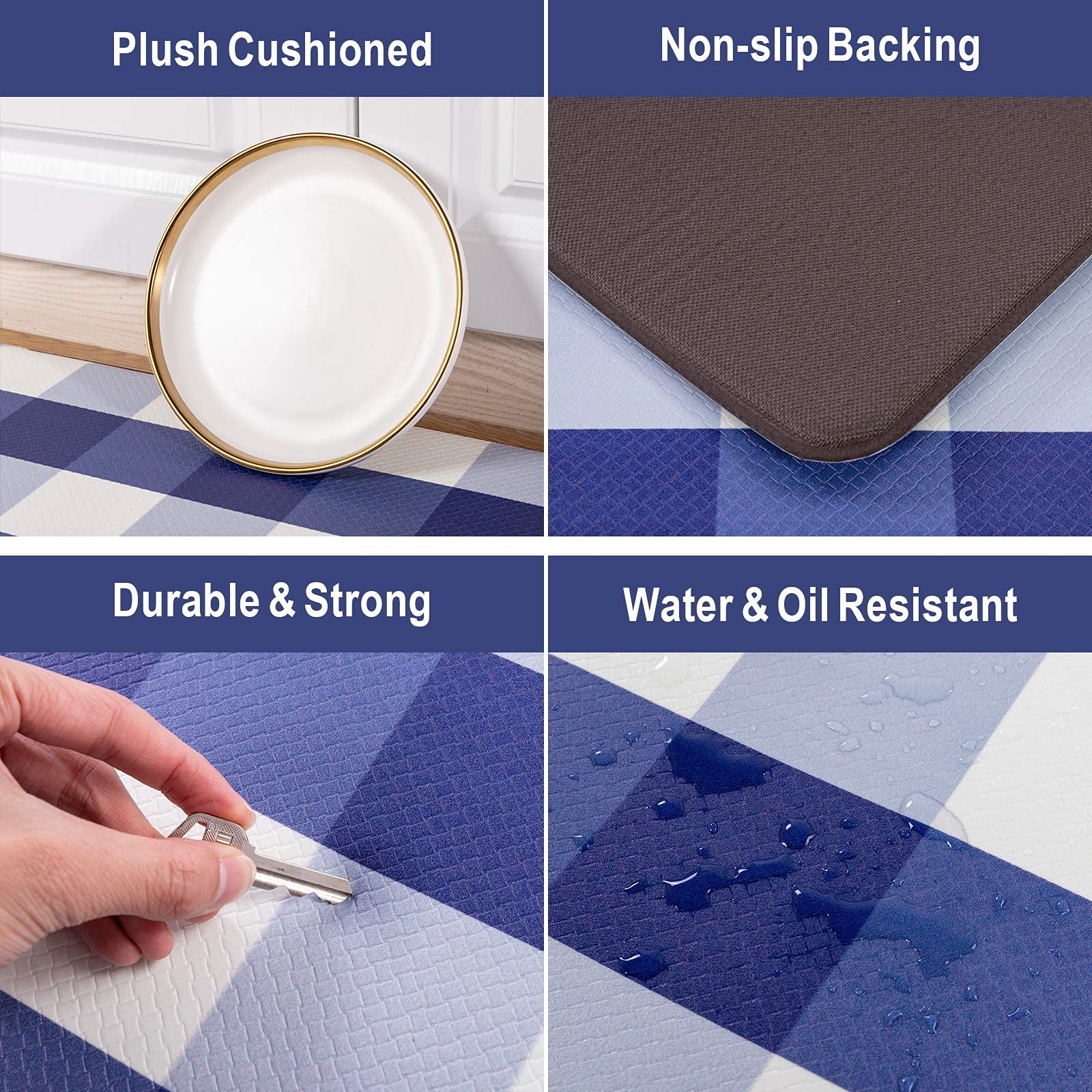 Carvapet Buffalo Plaid Kitchen Mat 2 PCS Cushioned Anti-Fatigue Kitchen Rug Waterproof Non-Slip PVC Ergonomic Comfort Standing Foam Mats for Office Laundry, Blue&White, 17.3''x27.5''+17.3''x47.2''