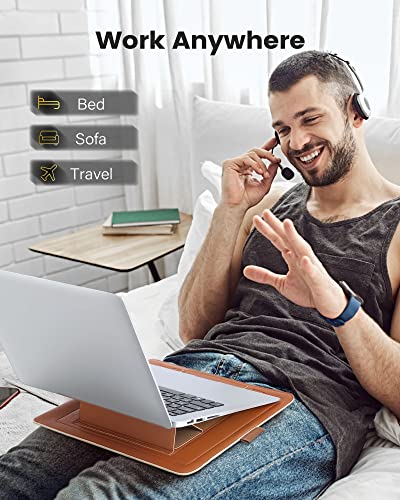 Soqool Laptop Stand for Desk, Compatible with 14inch MacBook Air Leather Stand Sleeve, Portable Laptop Stand Compatible with 13/13.3/14 Inch MacBook Pro/MacBook Air Foldable Laptop Stand Cover Sleeve