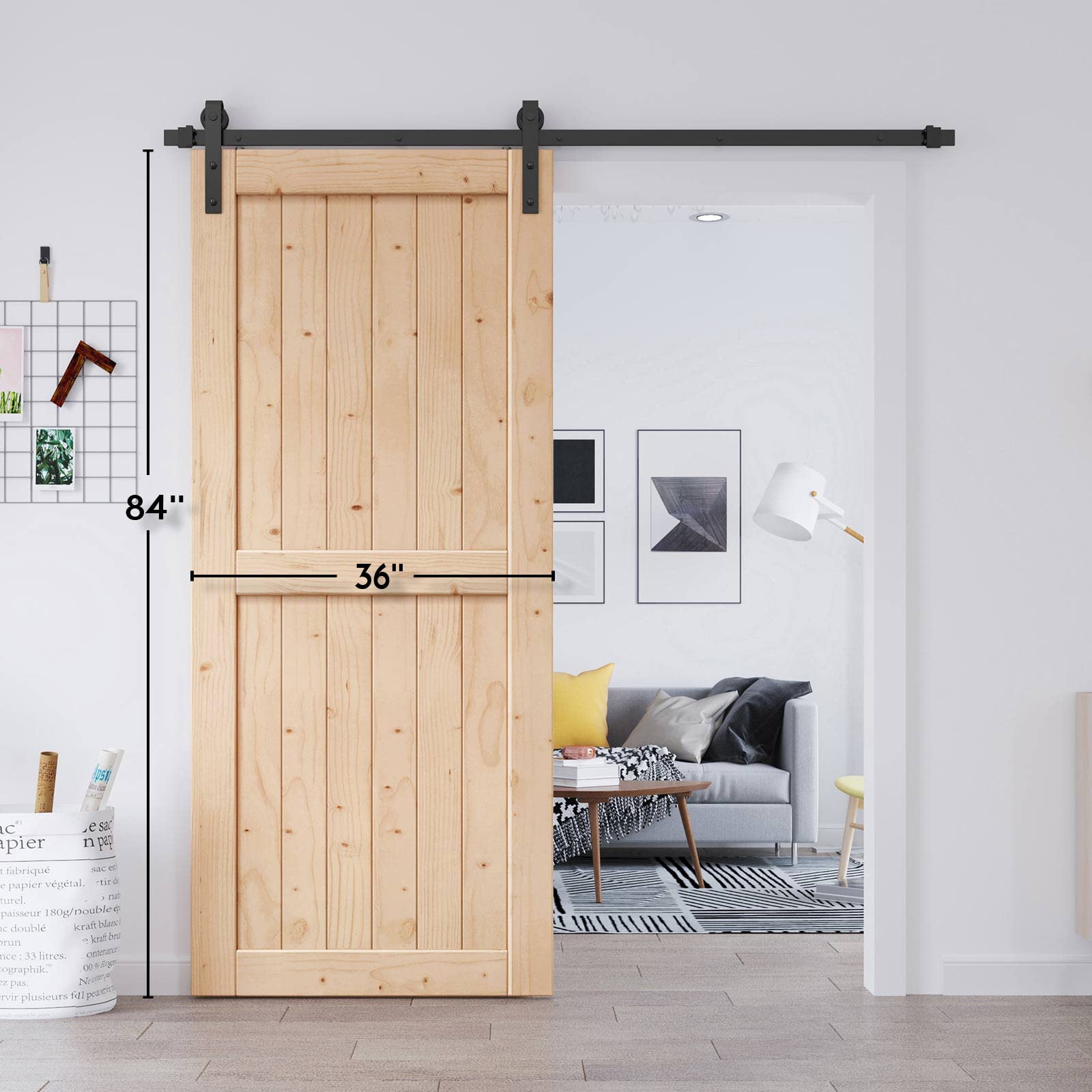 EaseLife 36in x 84in Sliding Barn Wood Door,Interior Doors,DIY Assemblely,Solid Natural Spruce Panelled Slab,Easy Install,Apply to Rooms & Storage Closet,H-Frame