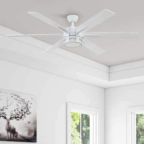 Honeywell Ceiling Fans Kaliza Modern 56 Inch Ceiling Fan with Light, Remote Control Fan, LED Indoor Fan with 6 Blades, Gray Wash and White Blade Finish Options, Bright White (51477-01)