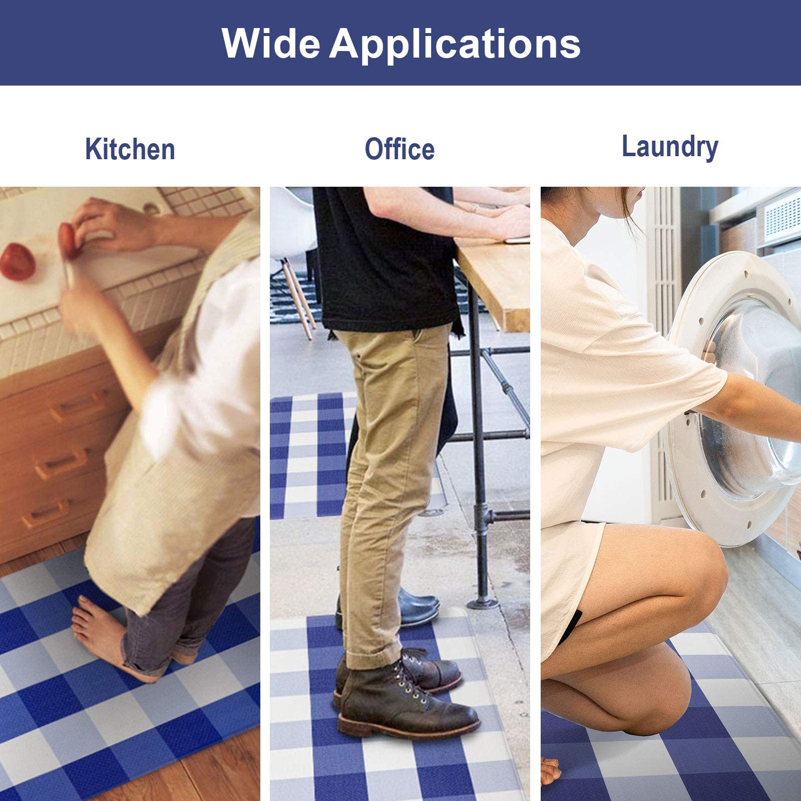 Carvapet Buffalo Plaid Kitchen Mat 2 PCS Cushioned Anti-Fatigue Kitchen Rug Waterproof Non-Slip PVC Ergonomic Comfort Standing Foam Mats for Office Laundry, Blue&White, 17.3''x27.5''+17.3''x47.2''
