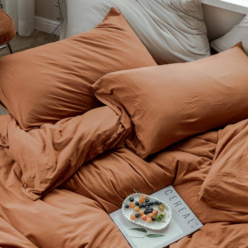MKXI Pumpkin Duvet Cover Burnt Orange Fall Beddings Queen Comforter Cover Set Terracotta Bed Cover Breathable Jersey Cotton Bedding Collection Easy Care Solid Color Adults Bedding Set 3 Piece