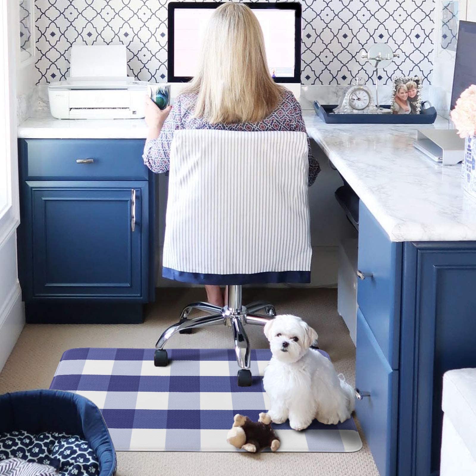 Carvapet Buffalo Plaid Kitchen Mat 2 PCS Cushioned Anti-Fatigue Kitchen Rug Waterproof Non-Slip PVC Ergonomic Comfort Standing Foam Mats for Office Laundry, Blue&White, 17.3''x27.5''+17.3''x47.2''