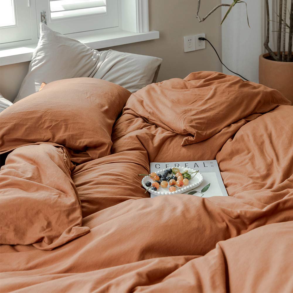 MKXI Pumpkin Duvet Cover Burnt Orange Fall Beddings Queen Comforter Cover Set Terracotta Bed Cover Breathable Jersey Cotton Bedding Collection Easy Care Solid Color Adults Bedding Set 3 Piece
