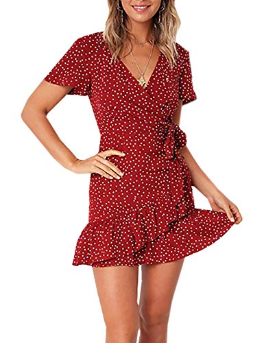 Women's Summer Short Sleeve Wrap Dress Polka Dot Floral Print V Neck Waisted Layer Ruffle Hem Mini Dresses (Red, Medium)