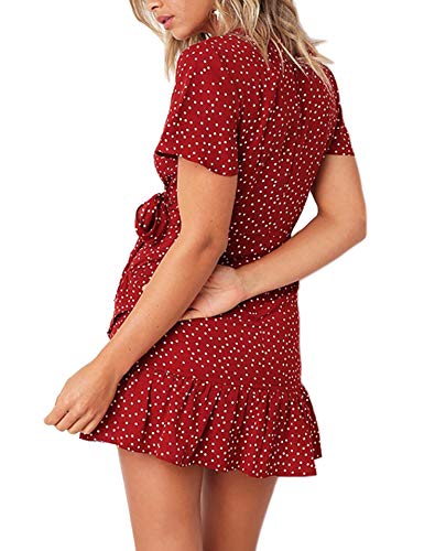 Women's Summer Short Sleeve Wrap Dress Polka Dot Floral Print V Neck Waisted Layer Ruffle Hem Mini Dresses (Red, Medium)