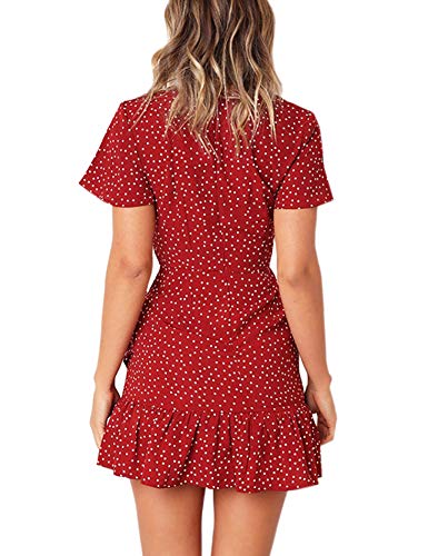 Women's Summer Short Sleeve Wrap Dress Polka Dot Floral Print V Neck Waisted Layer Ruffle Hem Mini Dresses (Red, Medium)