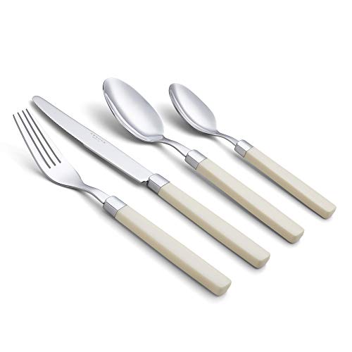 ANNOVA 16 Pieces Stainless Steel Flatware/Cutlery Set - Color Handles - 4 x Dinner Forks, 4 x Dinner Knives, 4 x Dinner Spoons, 4 x Dessert Spoons - Service for 4 (Cream, 16 Pieces)