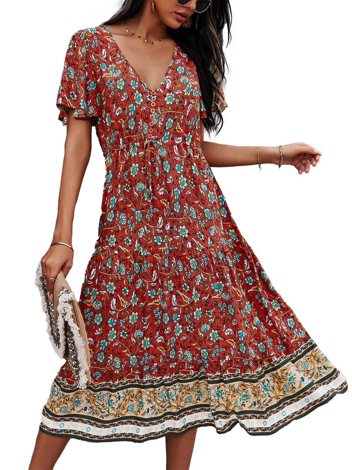 TEMOFON Summer Dresses for Women 2024 Boho Sun Maxi Beach Sundresses Summer Floral Short Sleeve V Neck Bohemain Flowy Loose Casual Cute Spring Trendy Vacation Dress Red