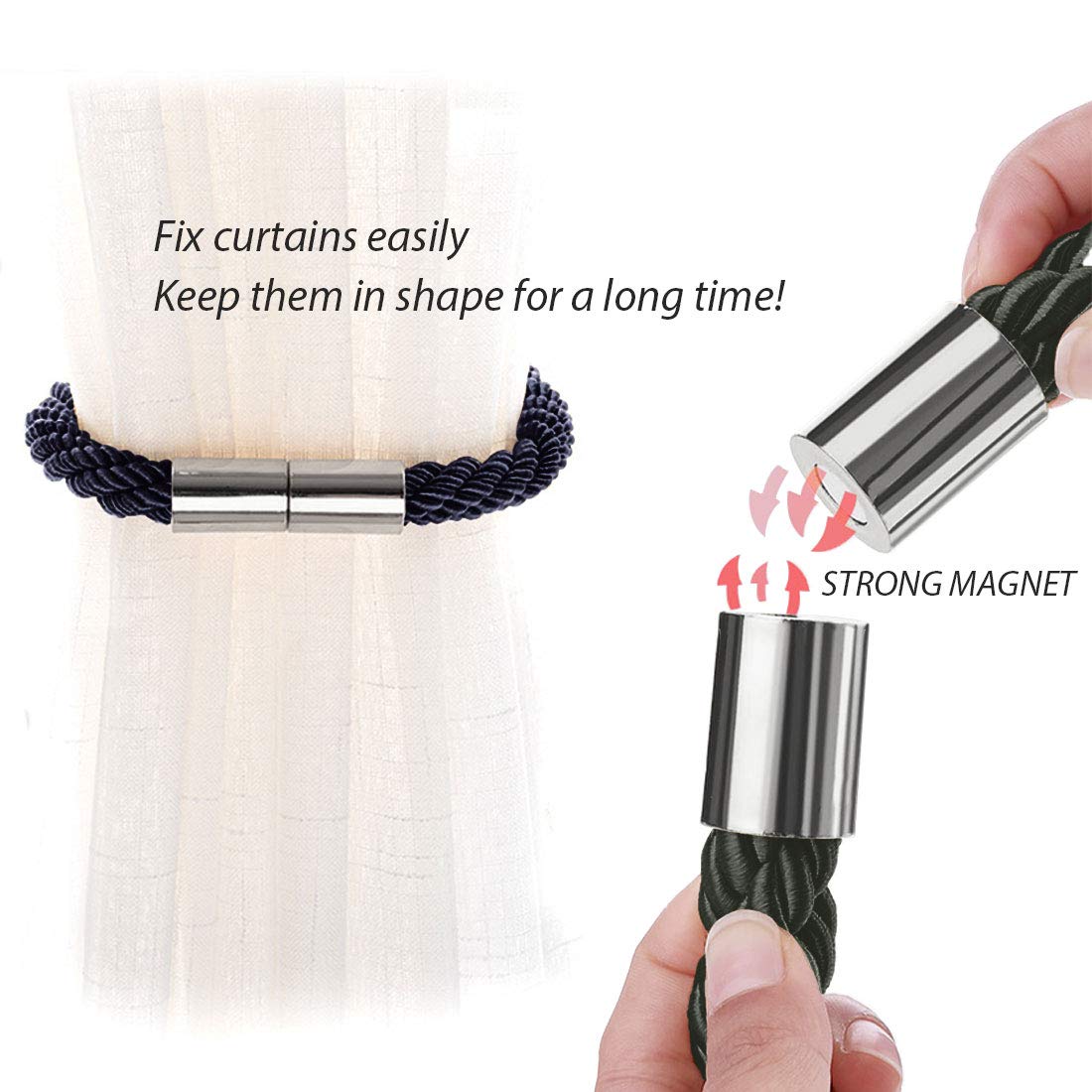 NICEEC 2 Pack Strong Magnetic Curtain Tiebacks Modern Simple Style Drape Tie Backs Convenient Decorative Weave Rope Curtain Holdbacks for Thin or Thick Home & Office Window Draperies (Black)
