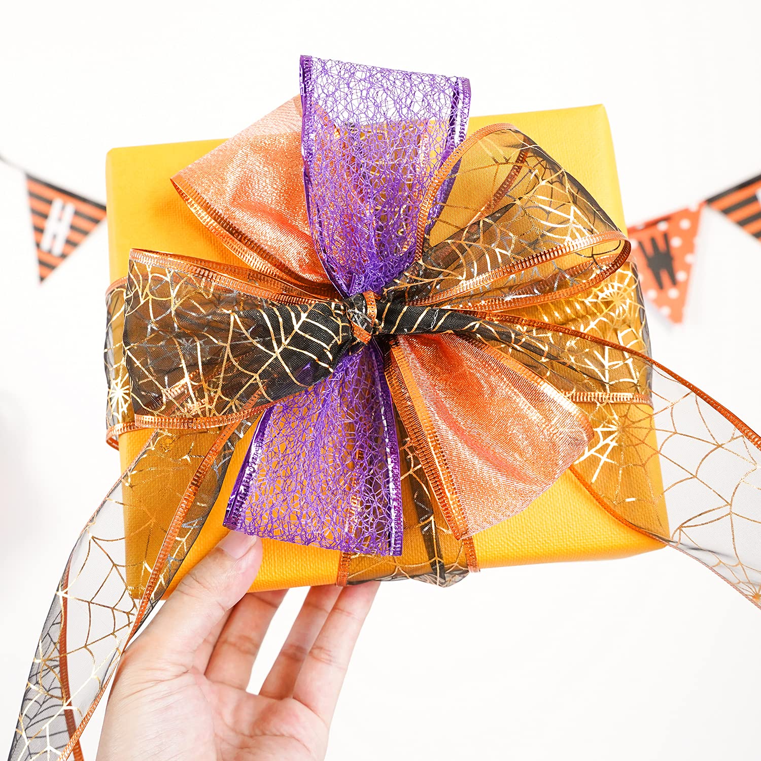 MEEDEE Halloween Ribbon - 6 Rolls, 36 Yards, Wired, Purple, Orange, Black, Skull Pattern