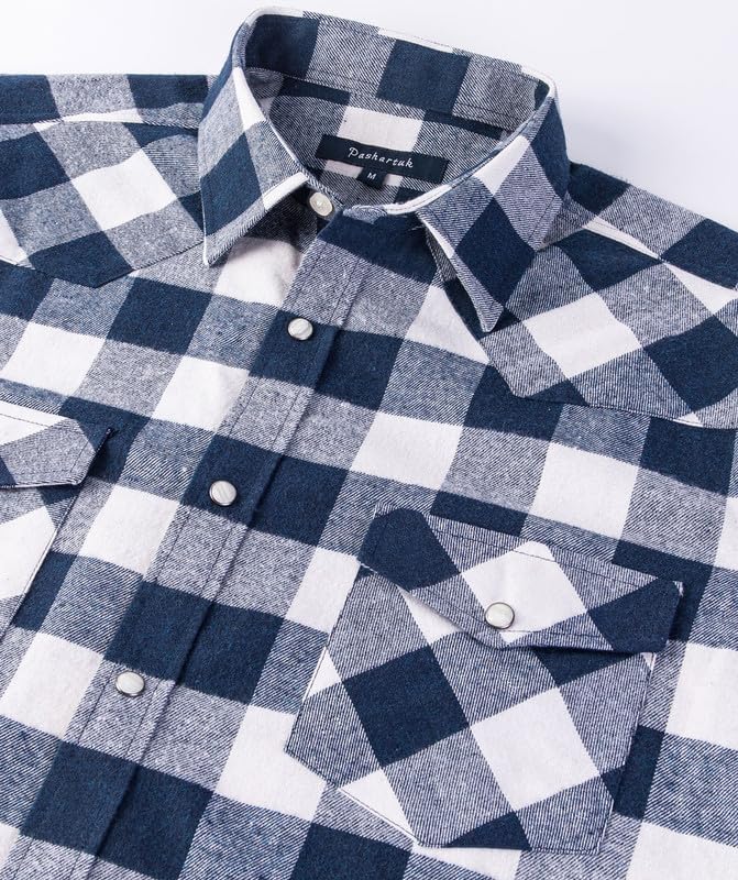 Snap Buttons Flannel Shirts for Men Regular Fit Mens Long Sleeve Shirt,Navy White MFL009,Large