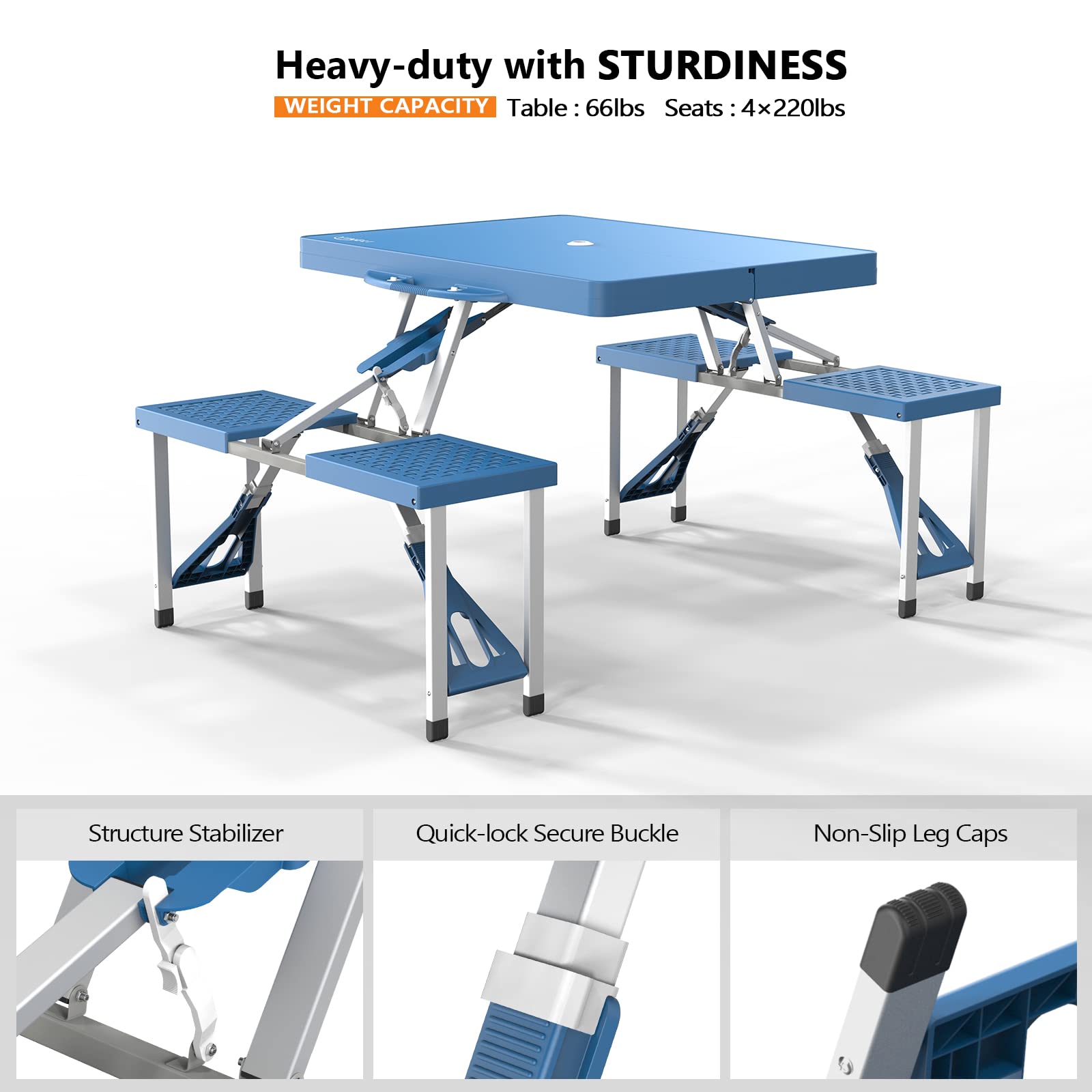 VINGLI 4 Ft Camping Picnic Table Set with 4 Seats with Umbrella Hole Folding Lightweight Suitcase Card Table-220 Lbs Support Aluminum Frame, Plastic RV Tabletop for Barbecue,Travel,Outing,Gathering