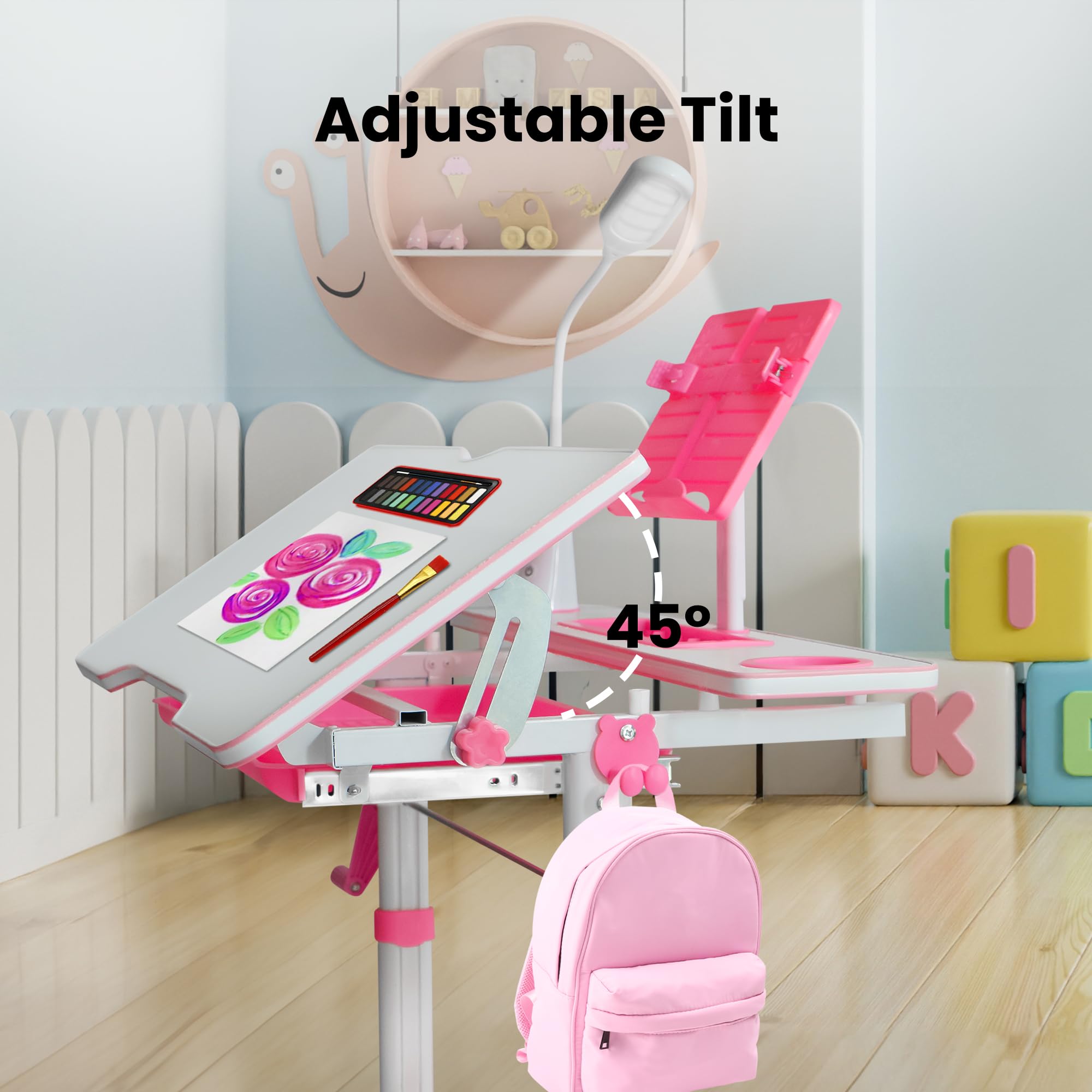 Gorilla Gadgets Kids Table and Chair Set for Ages 4-12, Height Adjustable Children's Study Station, Student School Table with Light, Pencil Case, and Bookstand (DSK-Kids)