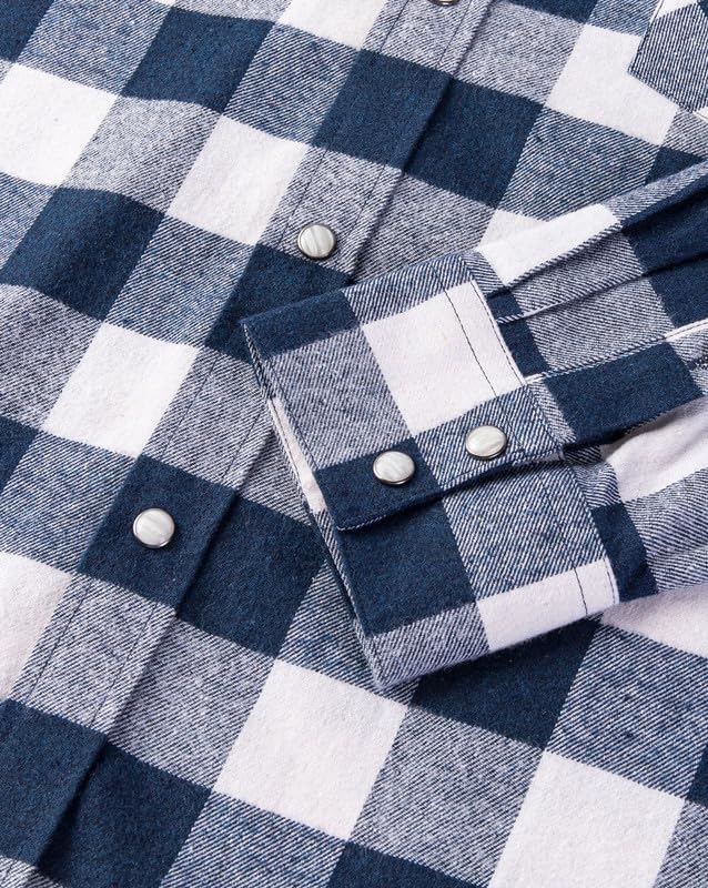 Snap Buttons Flannel Shirts for Men Regular Fit Mens Long Sleeve Shirt,Navy White MFL009,Large