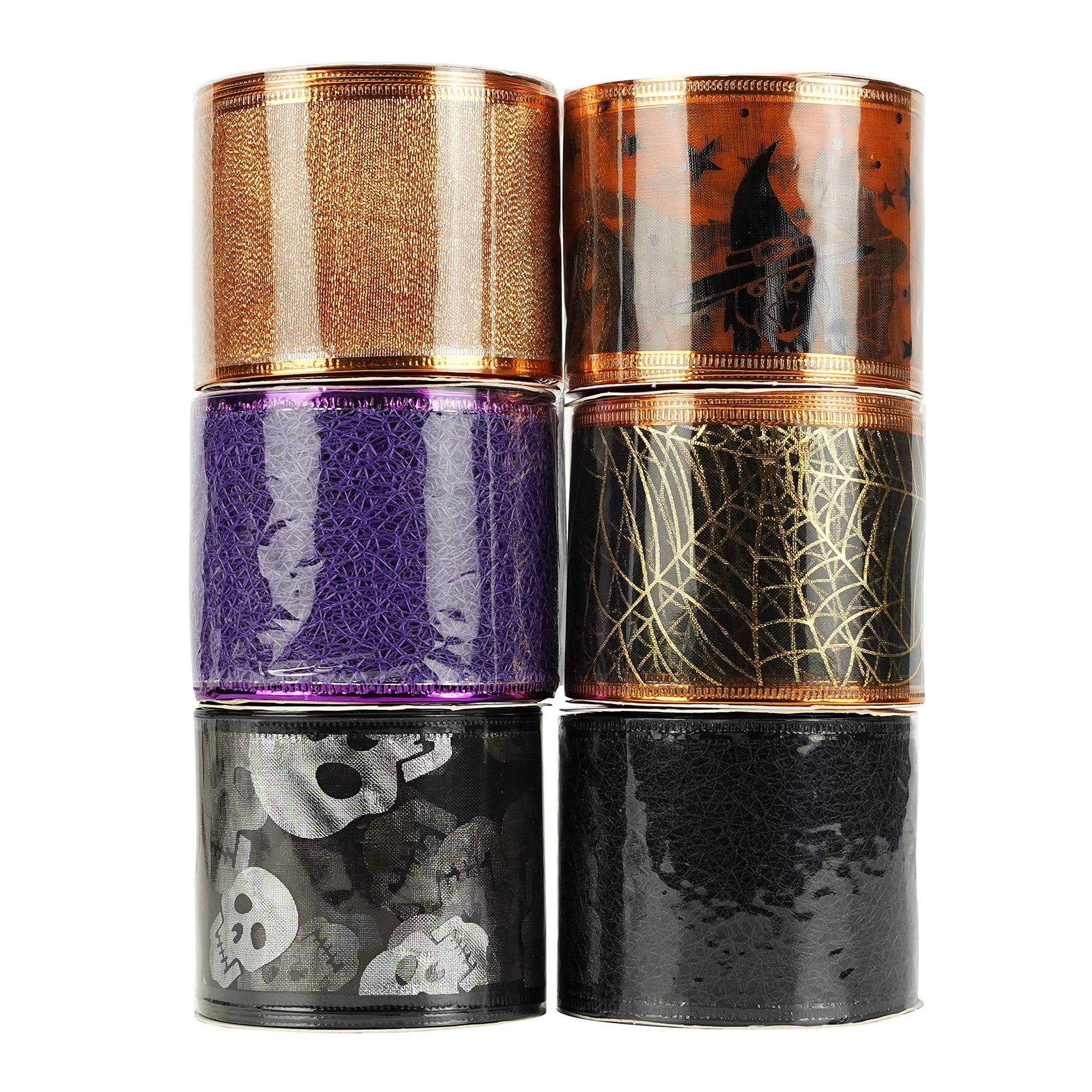 MEEDEE Halloween Ribbon - 6 Rolls, 36 Yards, Wired, Purple, Orange, Black, Skull Pattern