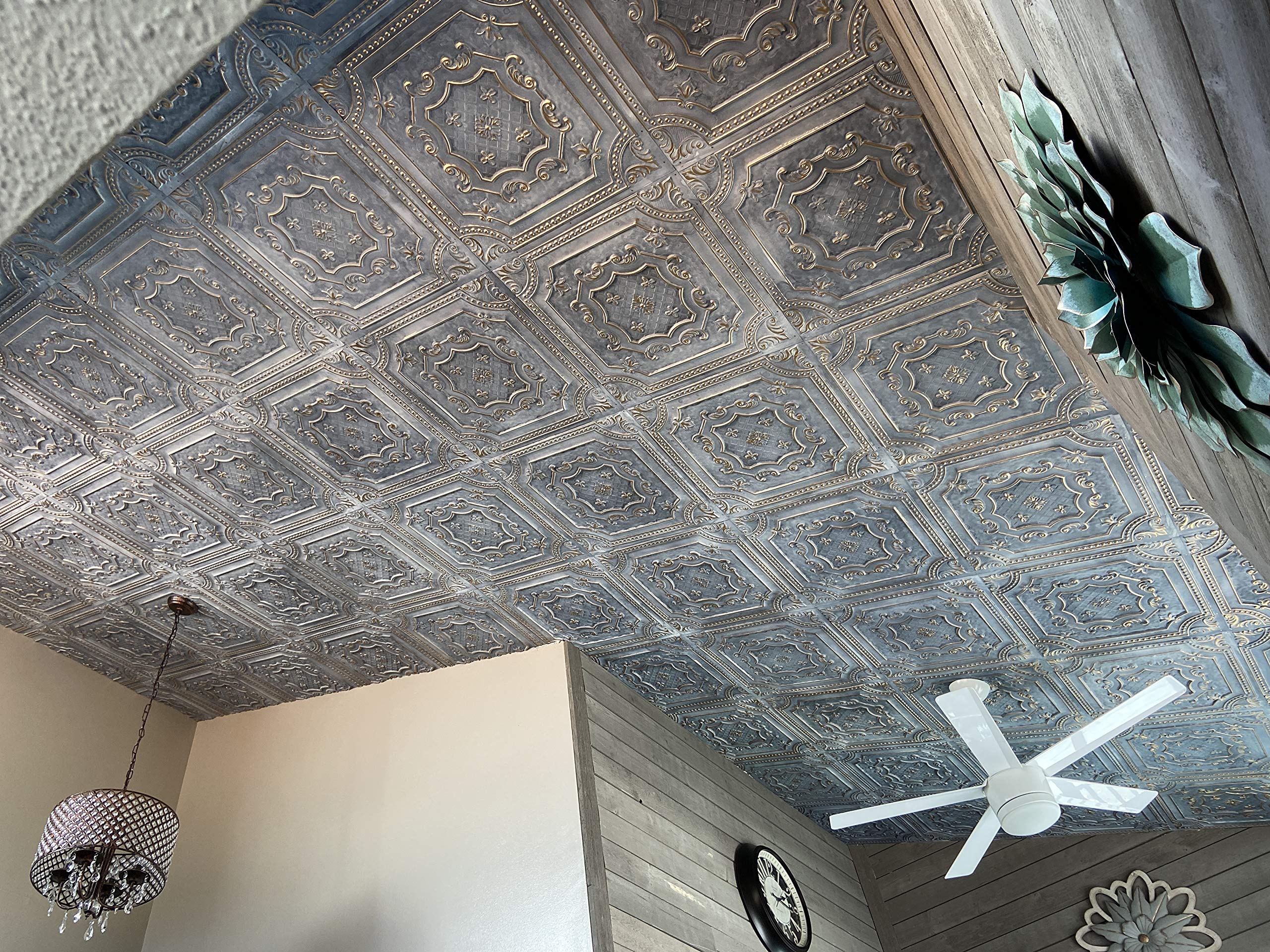 TD04 Smocked Gold Faux Tin Glue up, Drop in Ceiling Tile, Pack of 10 2'X2' Tiles. Covers 40 sq.ft. Easy to Install PVC Panels, Great for DIY Projects - Antique Vintage Look Ceiling, 3D Wall Paneling
