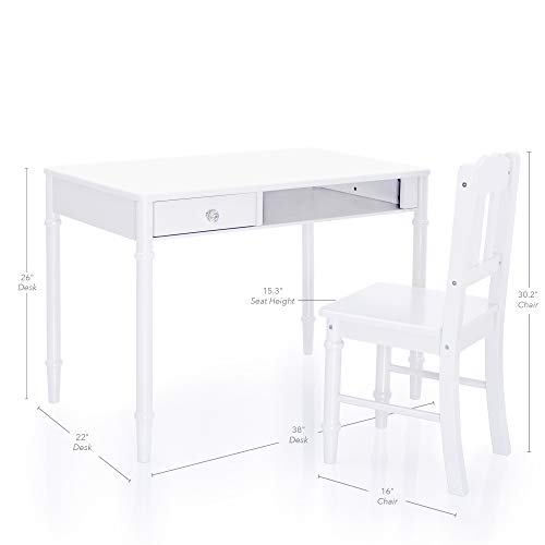 Guidecraft Dahlia Desk and Chair Set - White: Children’s Home Wooden Study Table for Computer, Homework, Writing with Storage Drawers, Kids Bedroom Furniture Workstation