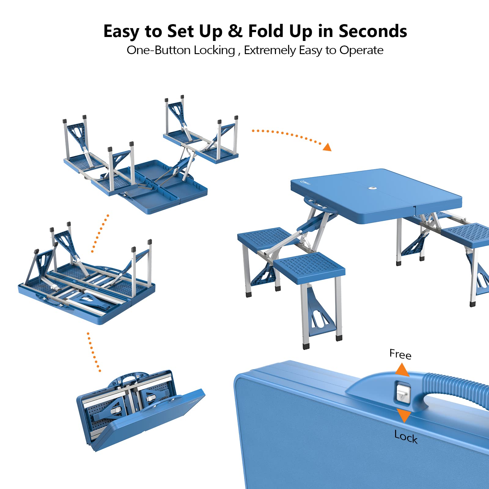 VINGLI 4 Ft Camping Picnic Table Set with 4 Seats with Umbrella Hole Folding Lightweight Suitcase Card Table-220 Lbs Support Aluminum Frame, Plastic RV Tabletop for Barbecue,Travel,Outing,Gathering