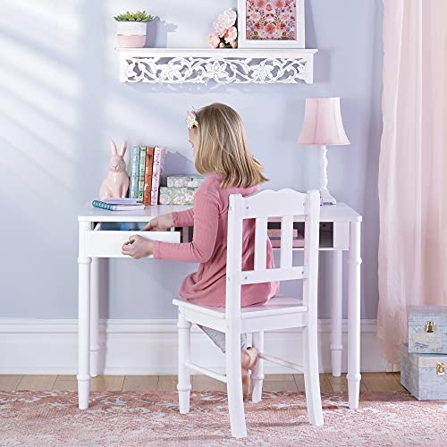 Guidecraft Dahlia Desk and Chair Set - White: Children’s Home Wooden Study Table for Computer, Homework, Writing with Storage Drawers, Kids Bedroom Furniture Workstation