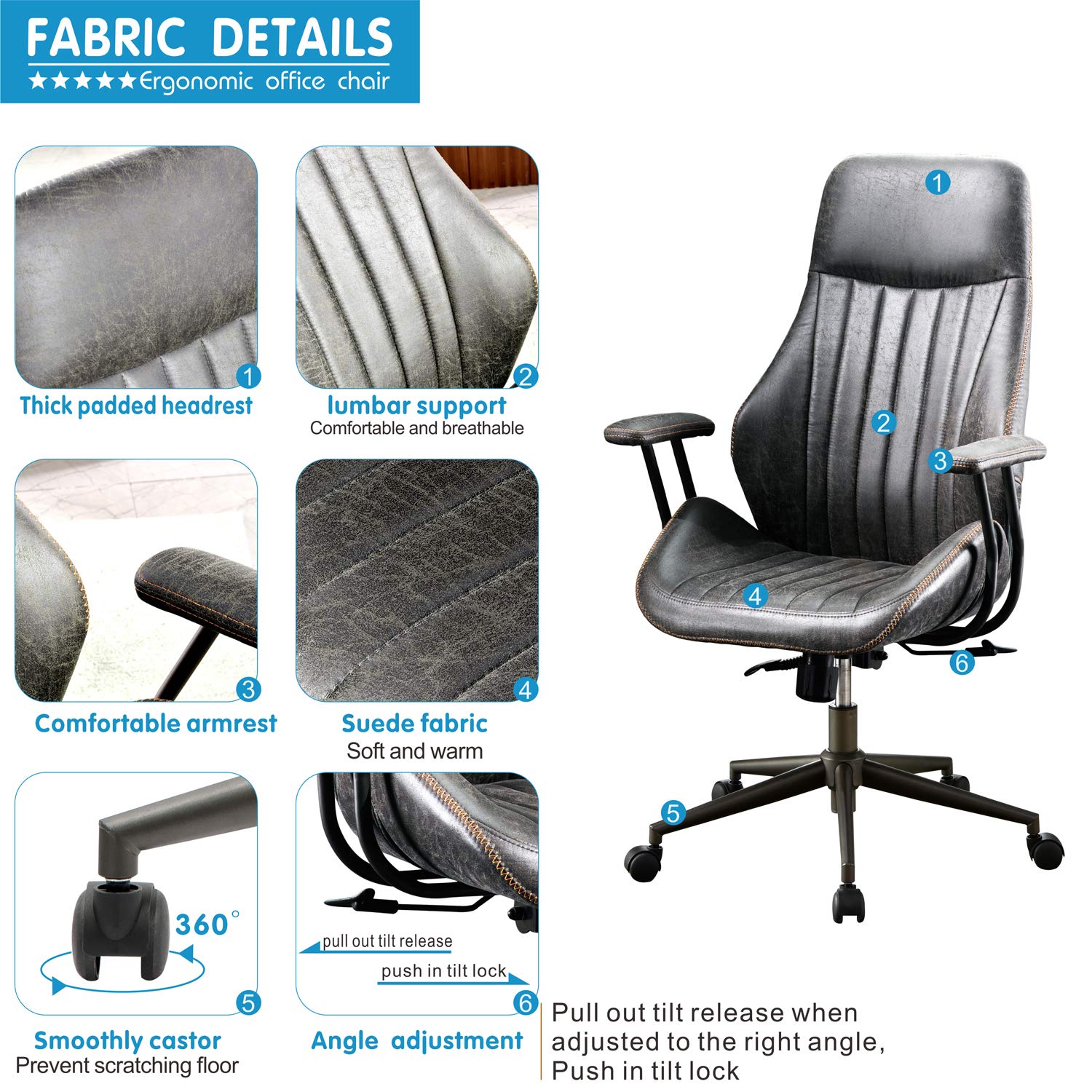 XIZZI Ergonomic Chair, Modern Computer Desk Chair,high Back Leathe Office Chair with Lumbar Support for Executive or Home Office (Gray-Black)