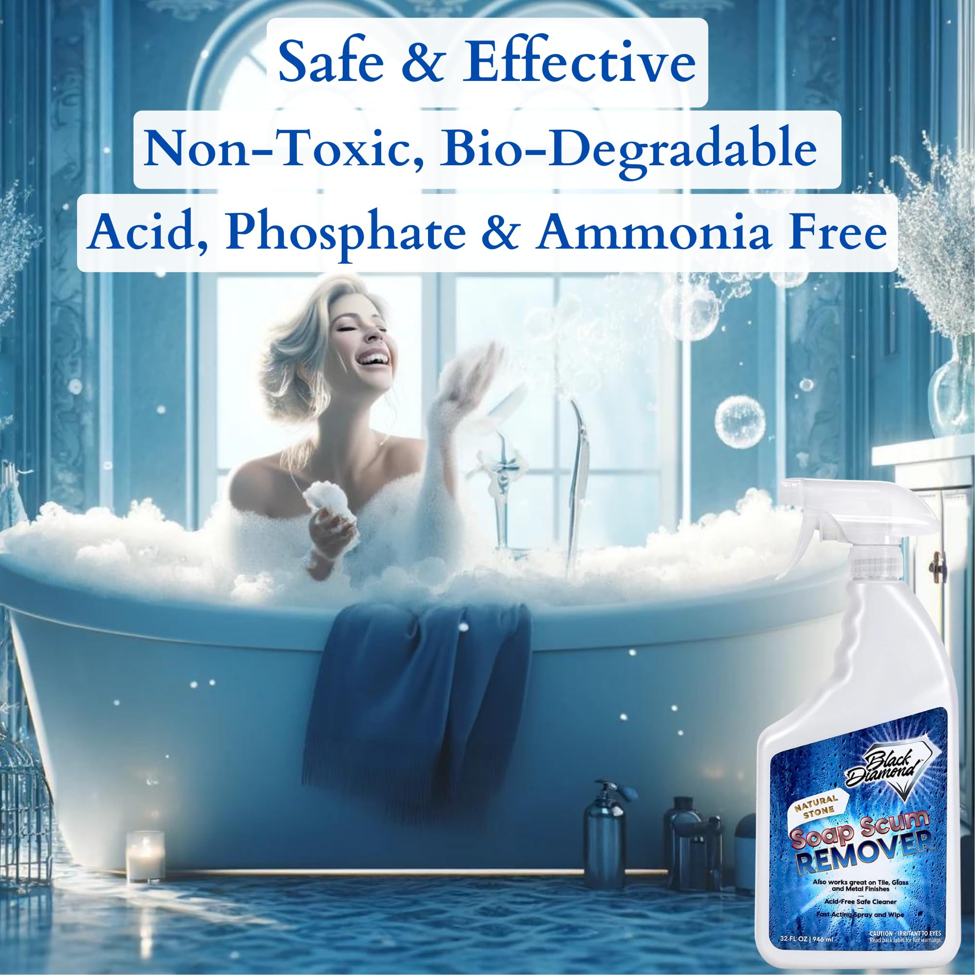 Black Diamond Stoneworks Natural Stone Shower Soap Scum Remover Spray. For Cleaning Bathtubs, Glass Doors, Tubs, Travertine, Marble, Tile. Heavy Duty, Safe Acid-Free Cleaner. Safe for fixtures.