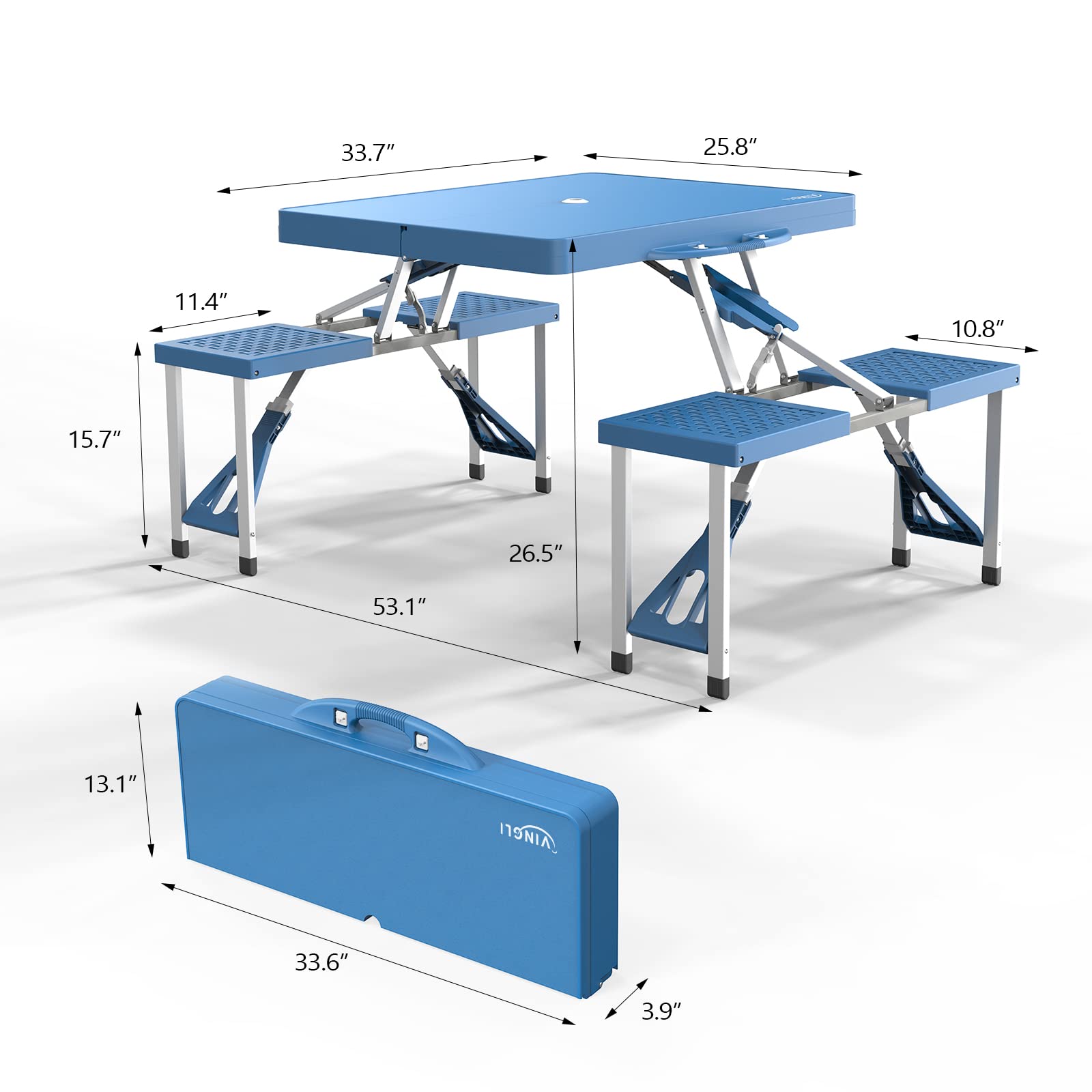 VINGLI 4 Ft Camping Picnic Table Set with 4 Seats with Umbrella Hole Folding Lightweight Suitcase Card Table-220 Lbs Support Aluminum Frame, Plastic RV Tabletop for Barbecue,Travel,Outing,Gathering
