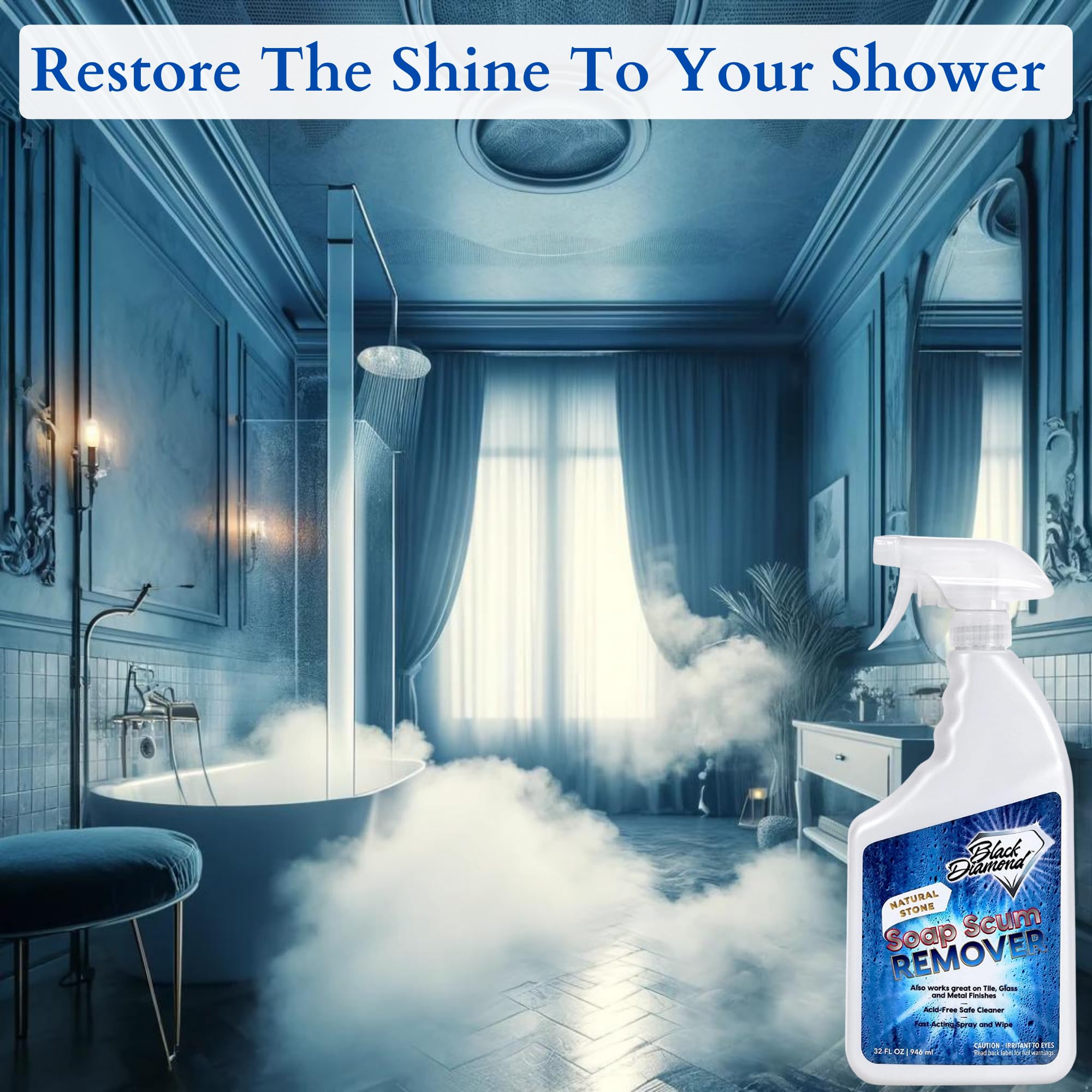 Black Diamond Stoneworks Natural Stone Shower Soap Scum Remover Spray. For Cleaning Bathtubs, Glass Doors, Tubs, Travertine, Marble, Tile. Heavy Duty, Safe Acid-Free Cleaner. Safe for fixtures.