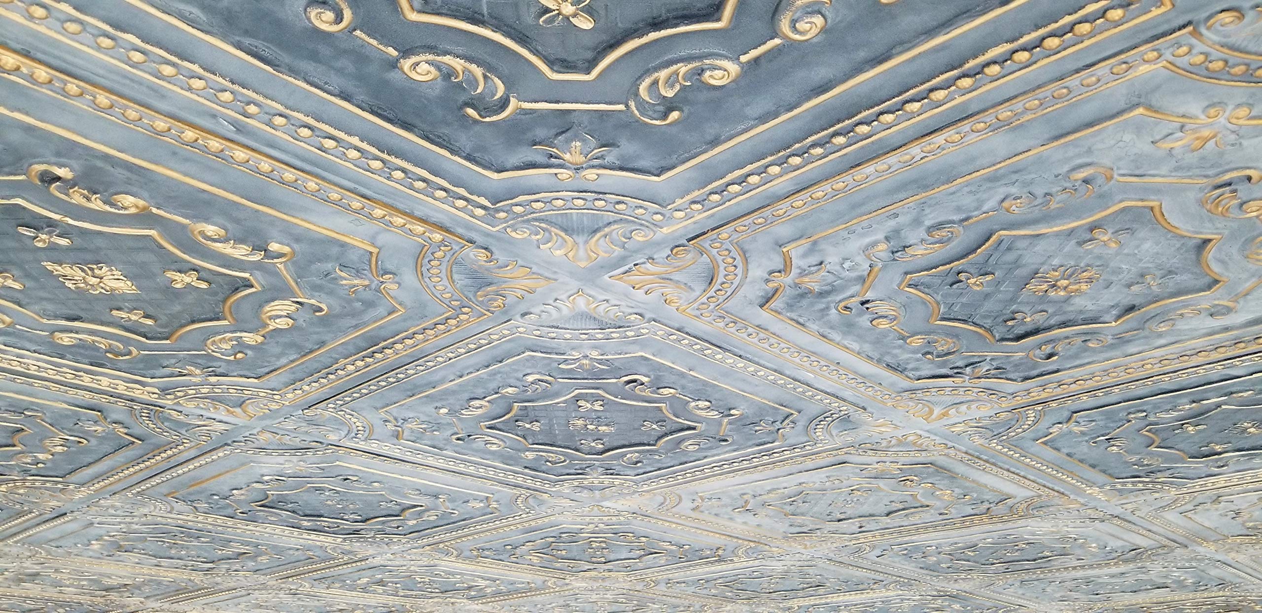 TD04 Smocked Gold Faux Tin Glue up, Drop in Ceiling Tile, Pack of 10 2'X2' Tiles. Covers 40 sq.ft. Easy to Install PVC Panels, Great for DIY Projects - Antique Vintage Look Ceiling, 3D Wall Paneling