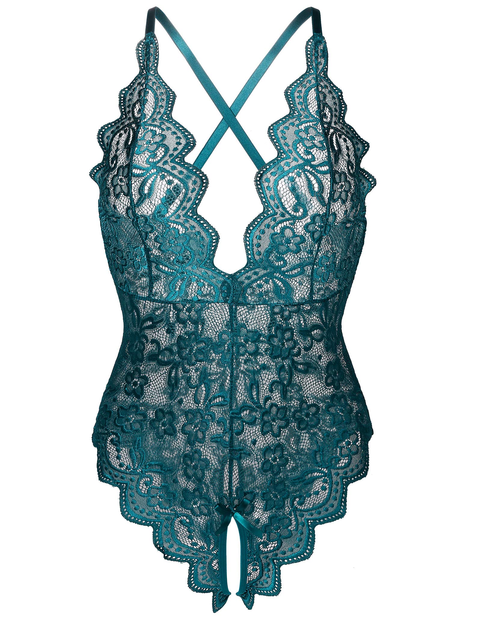Donnalla Women Lingerie Lace Bodysuit Sexy Deep V Neck One Piece Body Suits Teddy Babydoll Green M