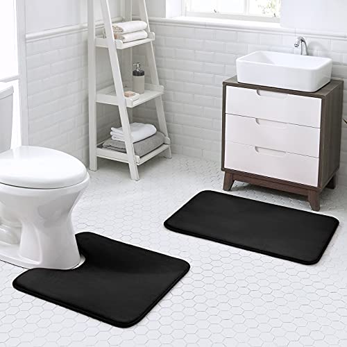Walensee Extra Thick Memory Foam Bath Rug (17x24 Black) Non Slip Absorbent Super Cozy Velvet Bathroom Mat, Luxury Soft Plush Small Carpet for Bath Room Shower Floor Tub, Machine Wash Dry
