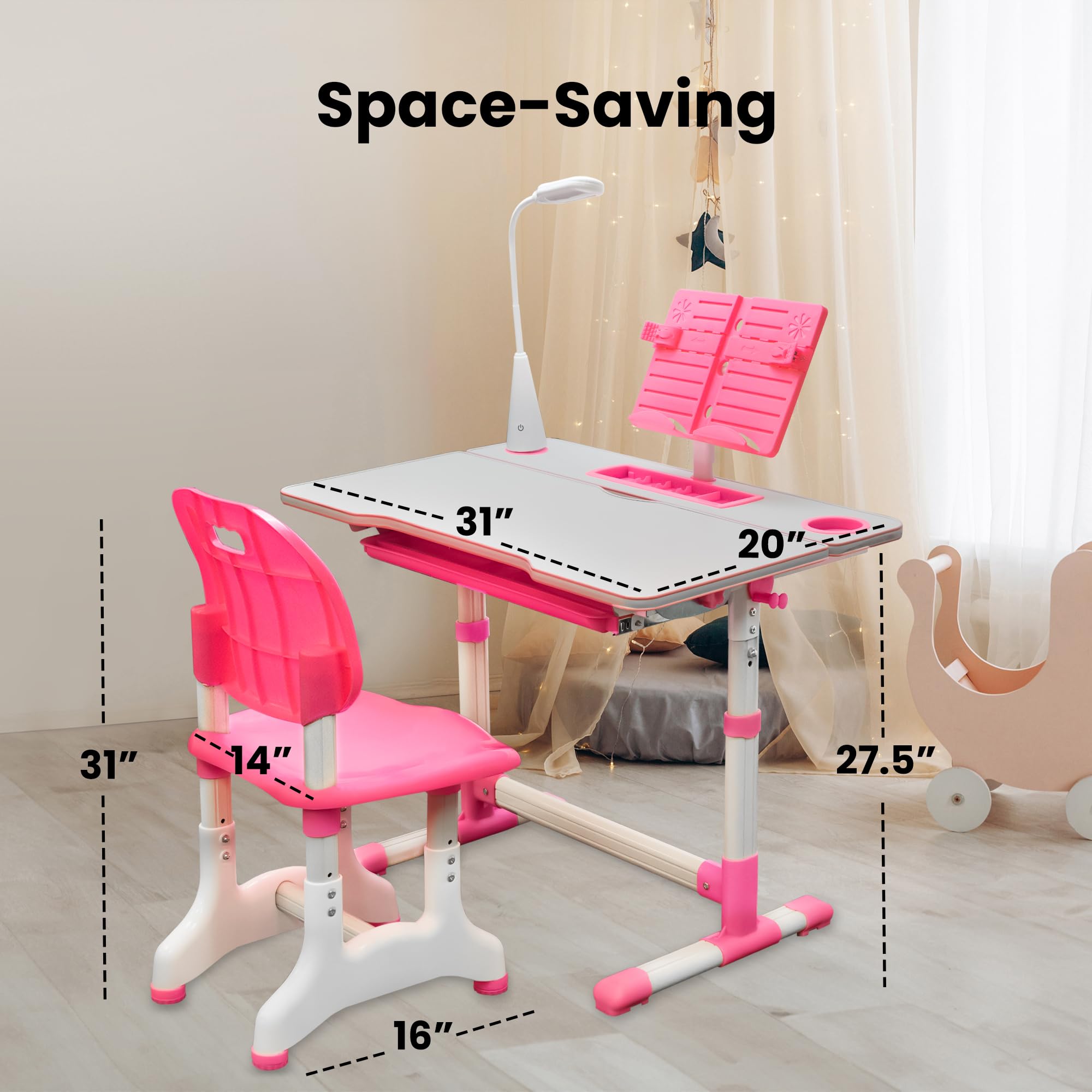Gorilla Gadgets Kids Table and Chair Set for Ages 4-12, Height Adjustable Children's Study Station, Student School Table with Light, Pencil Case, and Bookstand (DSK-Kids)