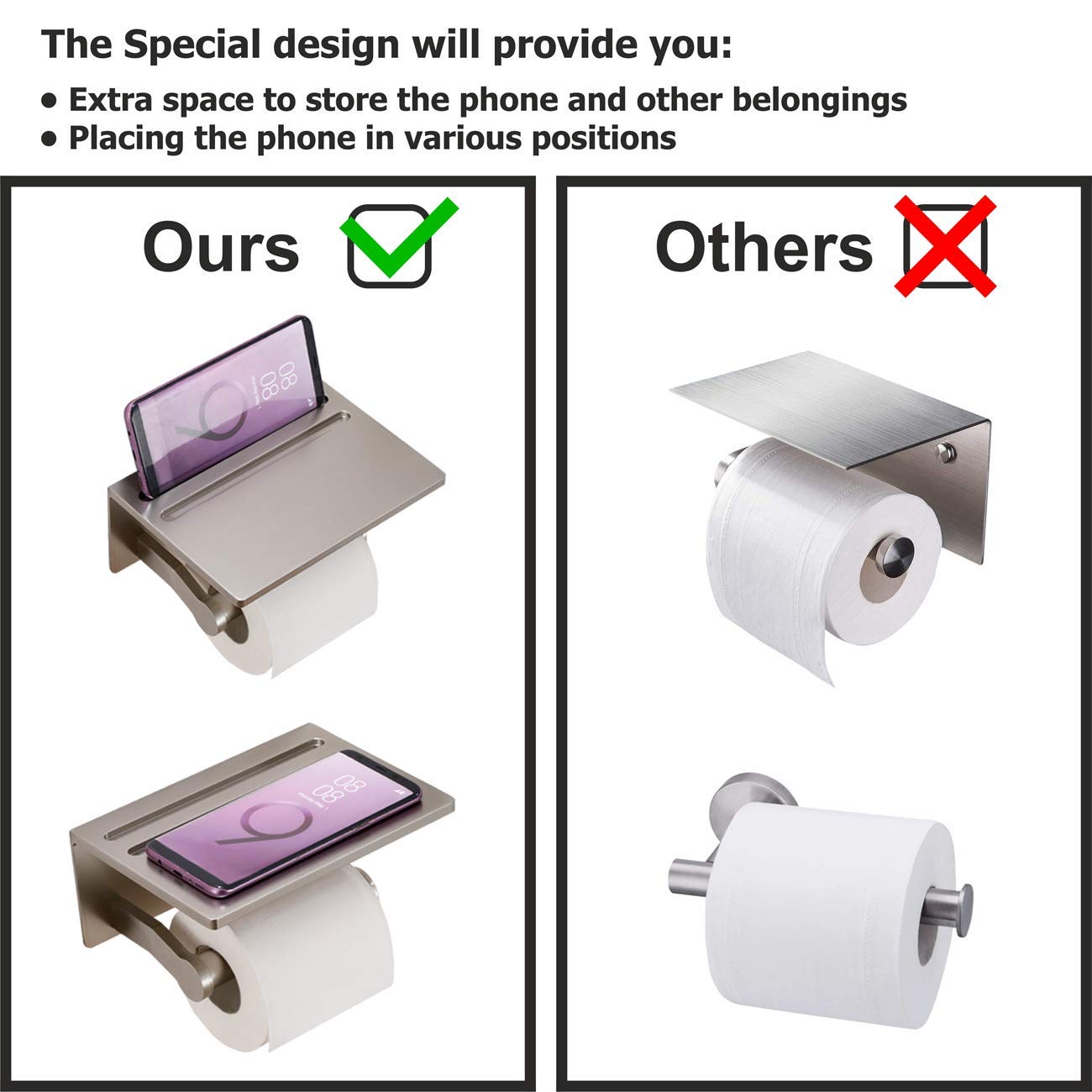Smarthome Toilet Paper Holder with Shelf, Aluminum Tissue Roll Mobile Phone Storage Shelf for Modern Bathroom, 3M Self Adhesive No Drilling or Wall-Mounted Screws, Brushed Nickel