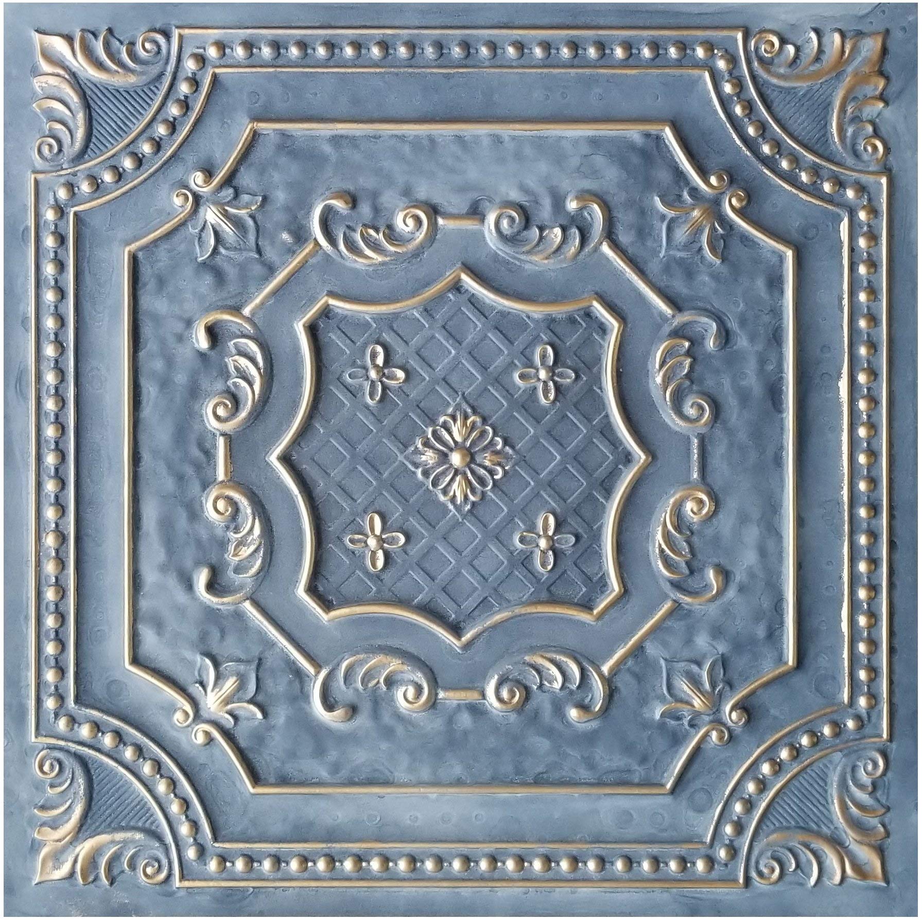 TD04 Smocked Gold Faux Tin Glue up, Drop in Ceiling Tile, Pack of 10 2'X2' Tiles. Covers 40 sq.ft. Easy to Install PVC Panels, Great for DIY Projects - Antique Vintage Look Ceiling, 3D Wall Paneling